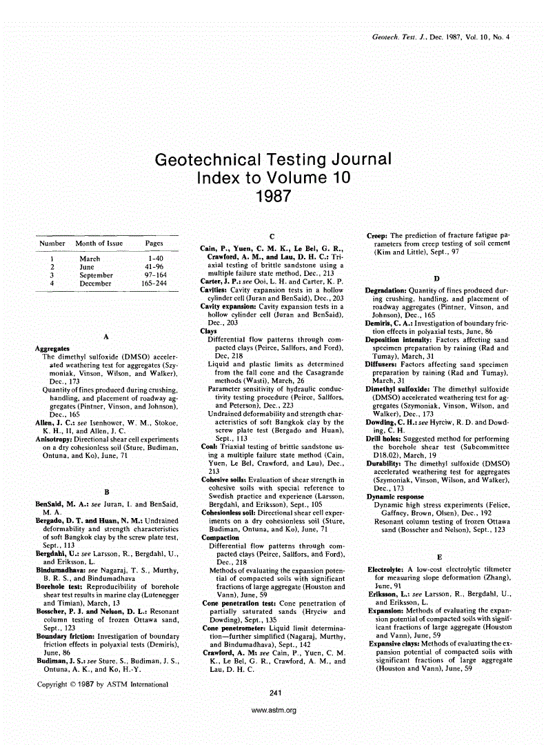Geotechnical Testing Journal Index to Volume 10 1987 | Geotechnical ...