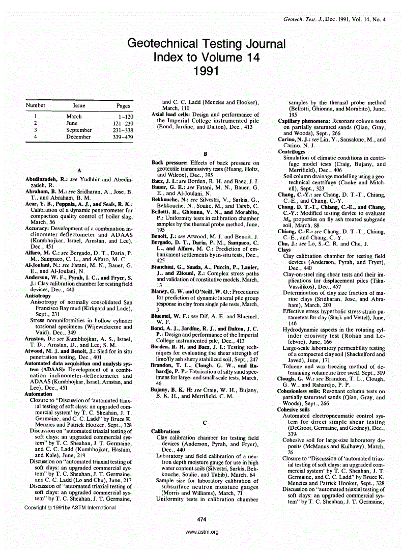 Geotechnical Testing Journal Index to Volume 14 1991 | Geotechnical ...