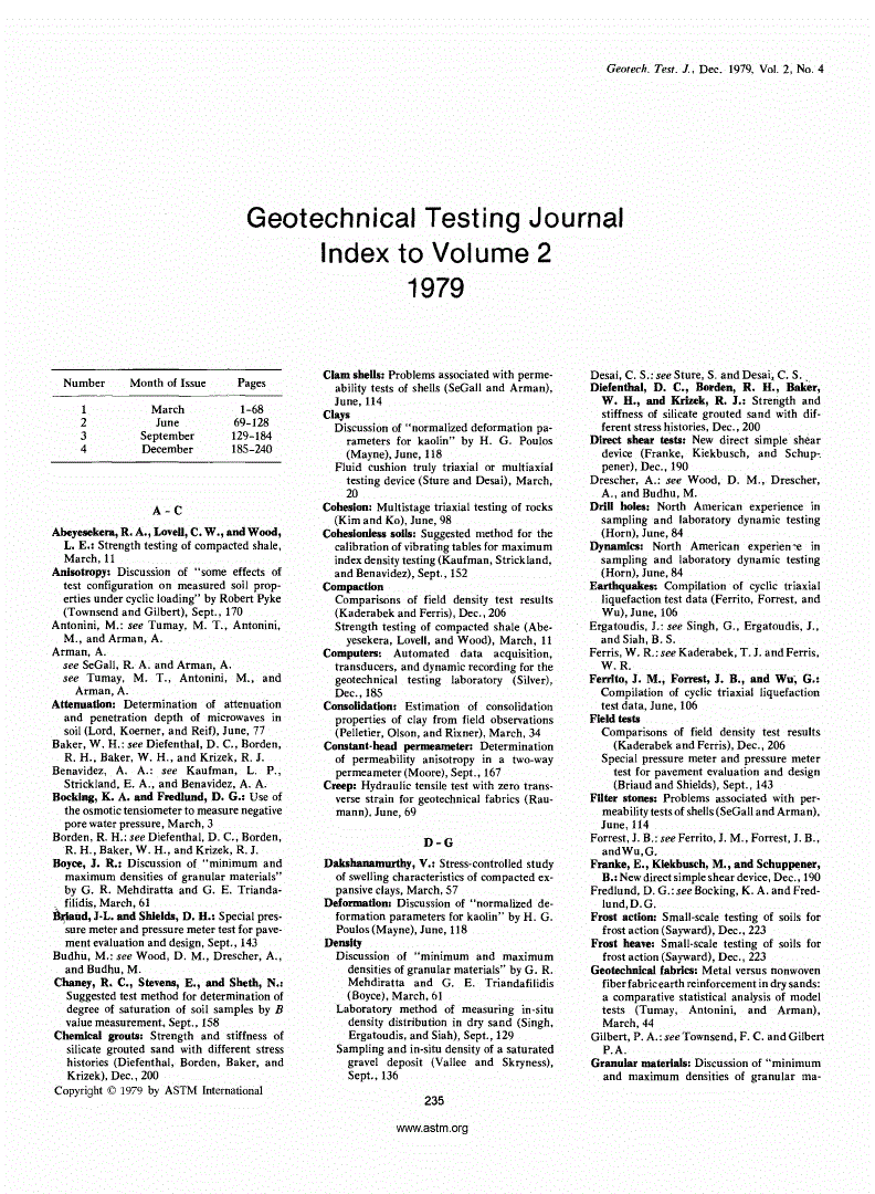 Geotechnical Testing Journal Index to Volume 2 1979 | Geotechnical ...