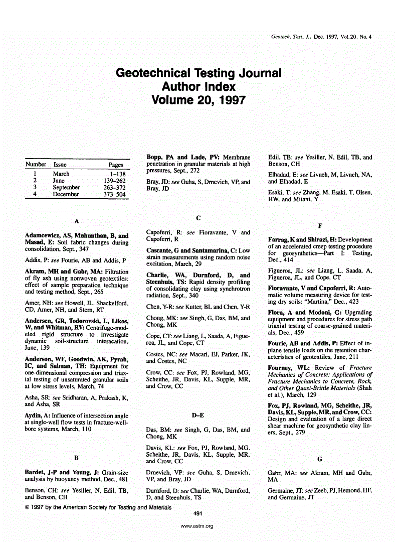 Geotechnical Testing Journal Author Index Volume 20, 1997 ...