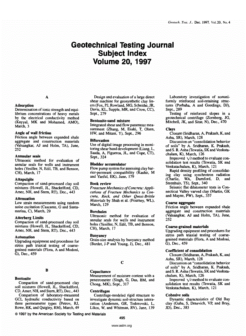 Geotechnical Testing Journal Subject Index Volume 20, 1997 ...