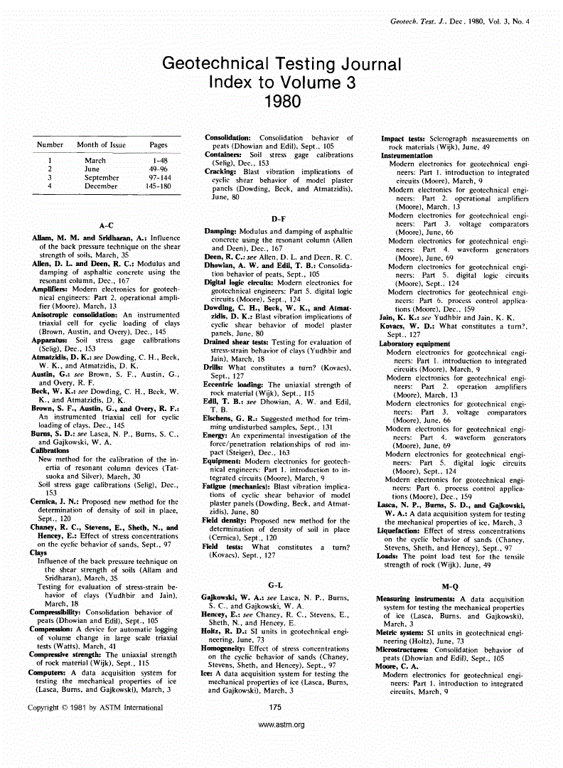 Geotechnical Testing Journal Index to Volume 3 1980 | Geotechnical ...