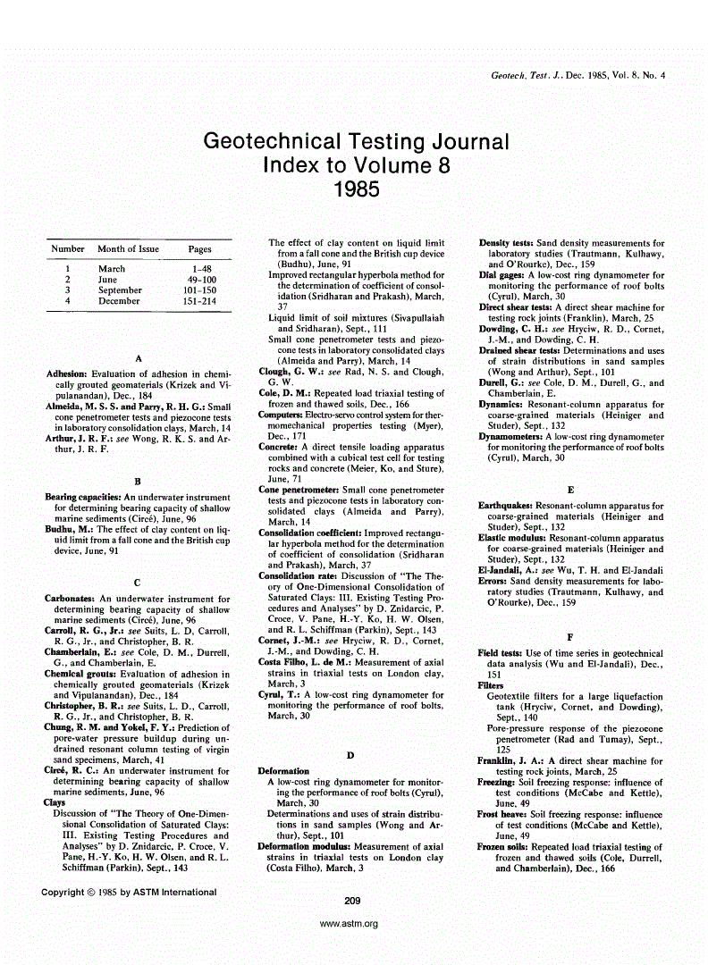 Geotechnical Testing Journal Index to Volume 8 1985 | Geotechnical ...