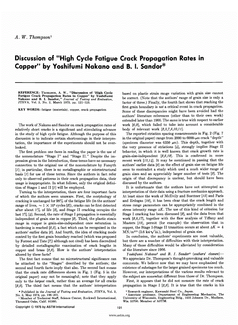 Discussion of “High Cycle Fatigue Crack Propagation Rates in Copper” by ...
